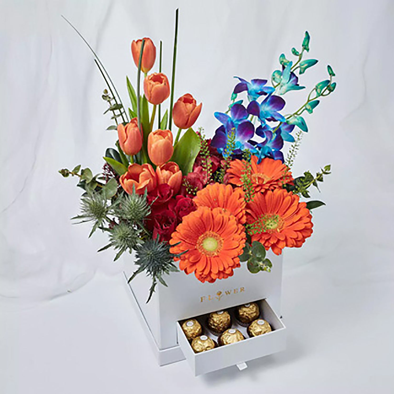 Premium Mixed Flowers Box Arrangement With Ferrero Rocher Delivery in ...