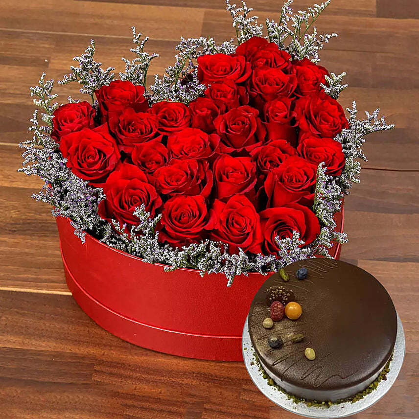25 Red Roses Heart Shaped Box With Chocolate Cake Delivery in Singapore ...