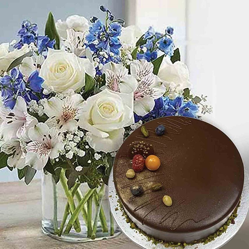 Pretty Flower Vase & Chocolate Cake Delivery in Singapore - FNP SG