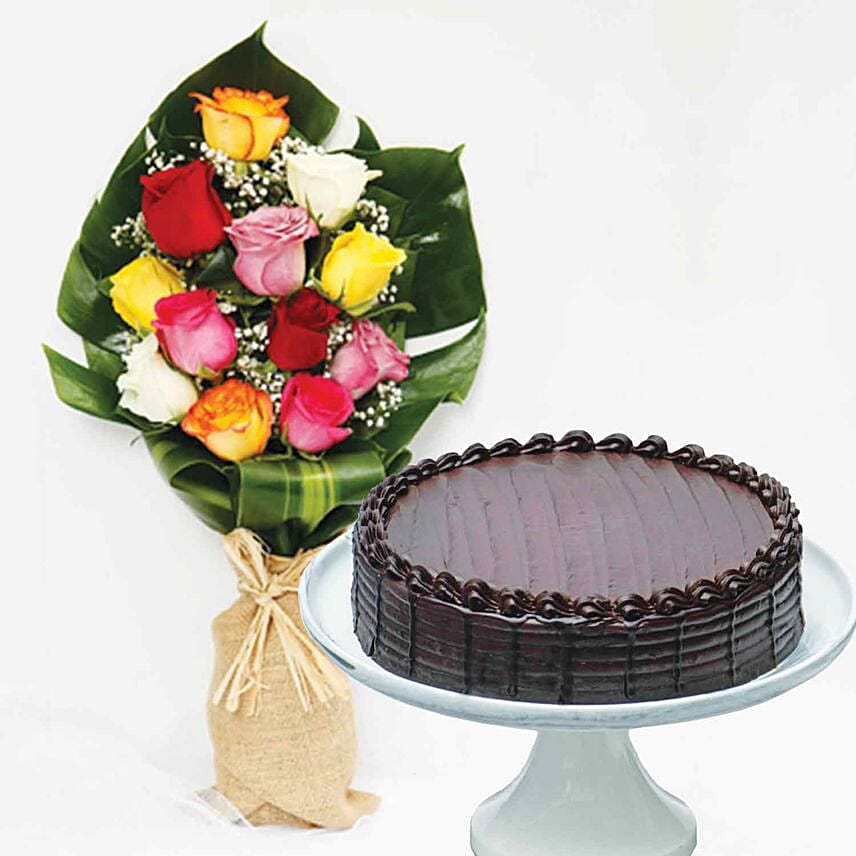 Vivid Roses Bouquet & Chocolate Fudge Cake Delivery in Singapore - FNP SG