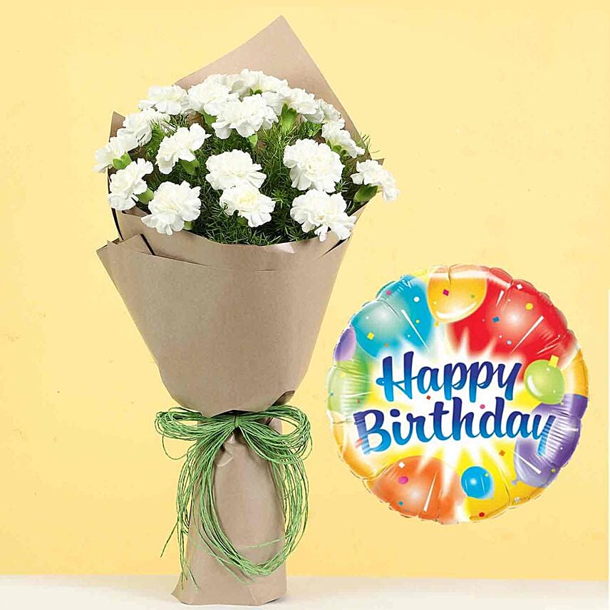 Gorgeous White Carnations Bouquet with Happy Birthday Balloon Delivery ...