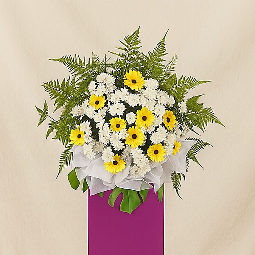 Yellow Gerberas White Pom In Beautiful Pink Stand Delivery in Singapore ...