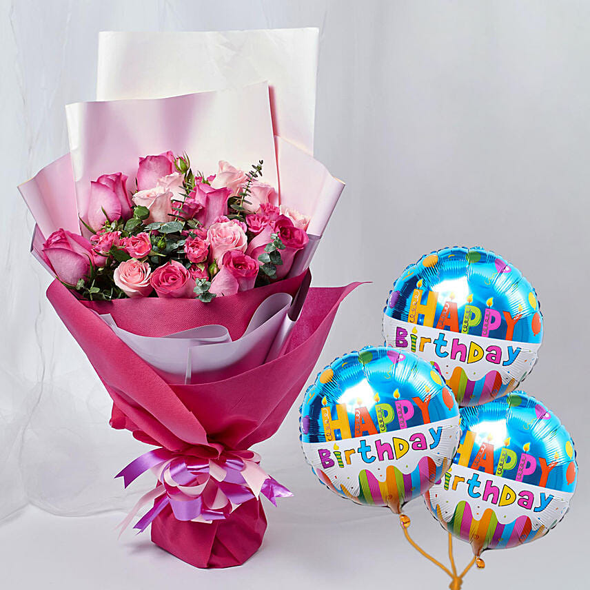 Magnificent Mixed Roses Wrapped Bouquet With Balloons Delivery in ...