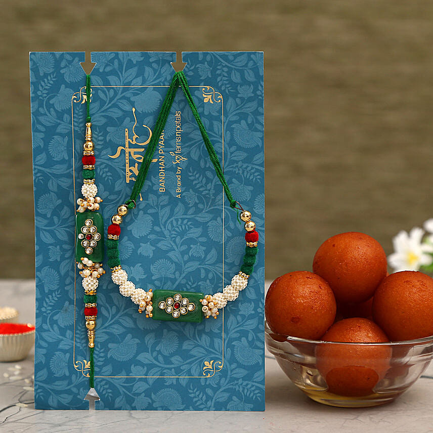 Online Traditional Lumba Rakhi Set & Gulab Jamun Tin Gift Delivery in ...