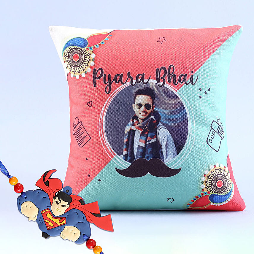 Personalised Pyara Bhai Cushion With Superman Rakhi Delivery in ...