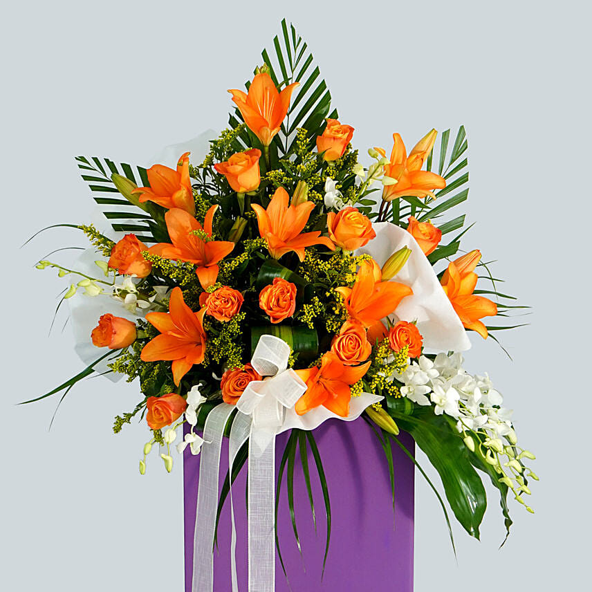 Vibrant Mixed Flowers Purple Cardboard Stand Delivery in Singapore - FNP SG