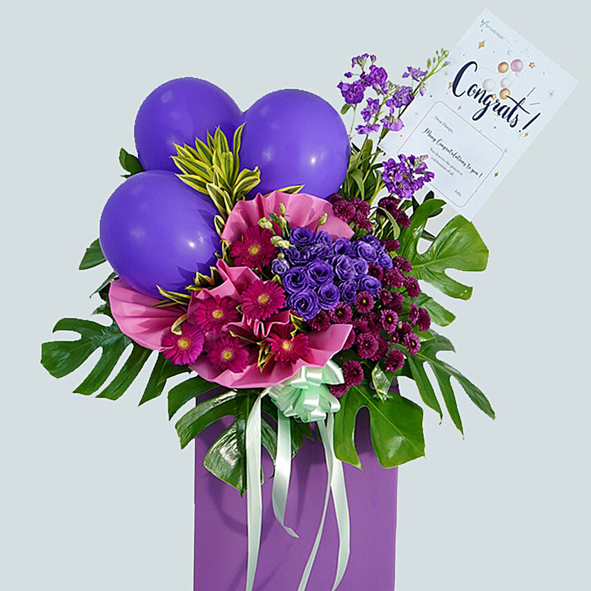 Mixed Flowers Purple Balloons Cardboard Stand Delivery in Singapore - FNP SG