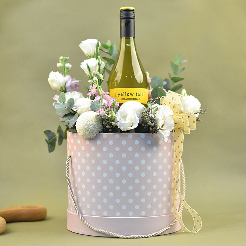 Mixed Flowers & White Wine Pink Box Delivery in Singapore - FNP SG