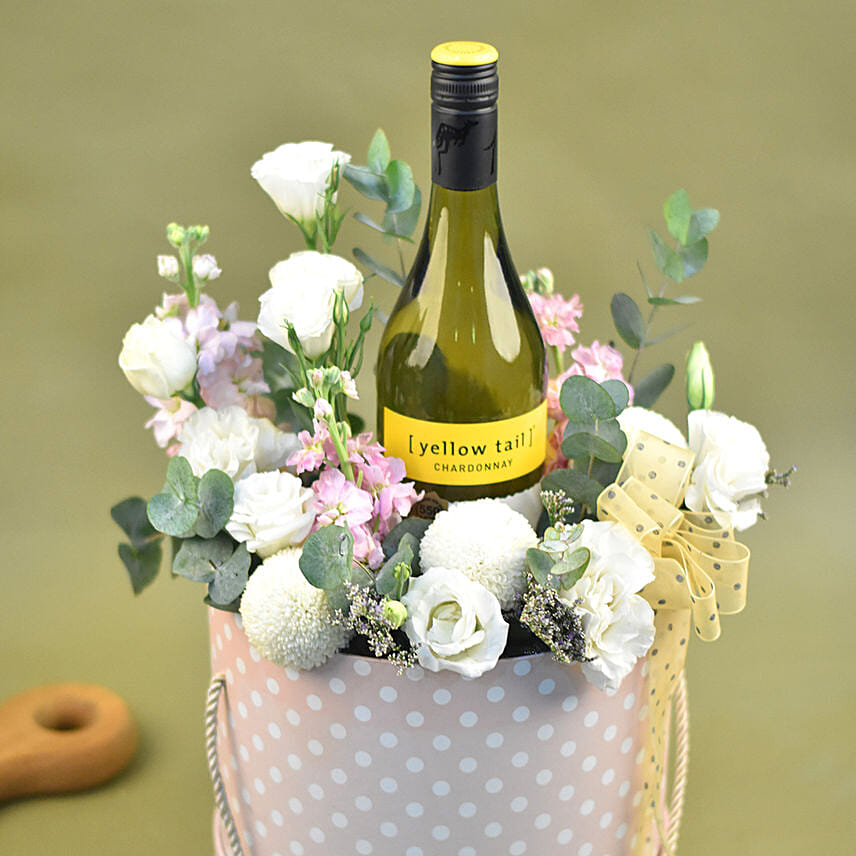 Mixed Flowers & White Wine Pink Box Delivery in Singapore - FNP SG