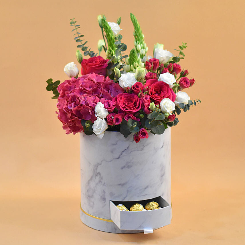 Ravishing Mixed Flowers & Ferrero Rocher Drawer Box Delivery in ...