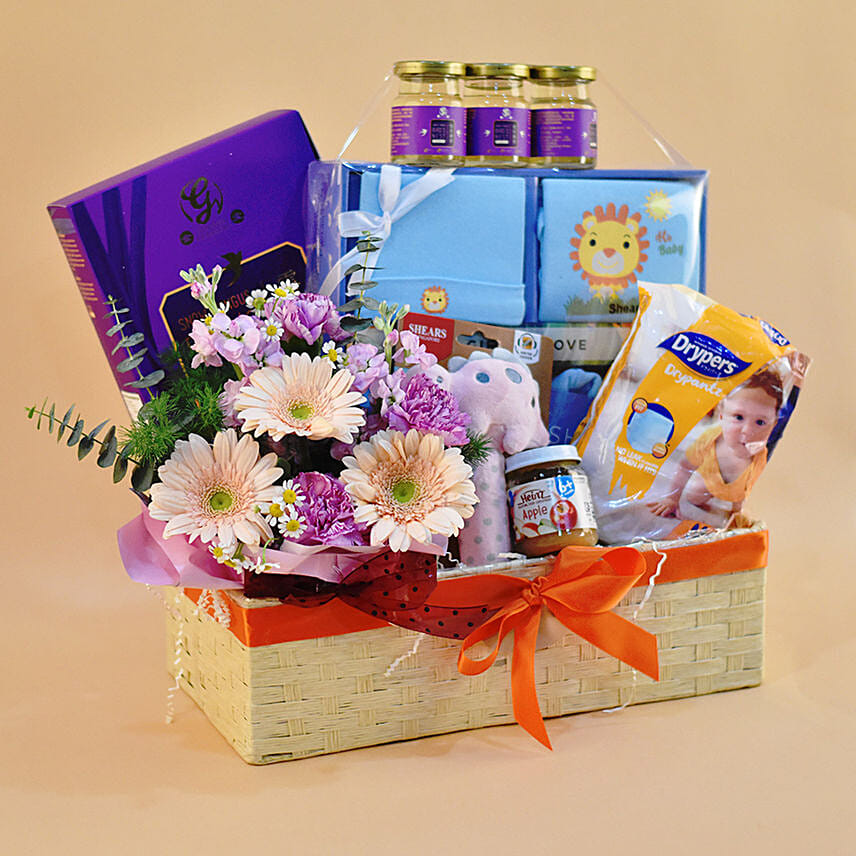 Light Yellow Straw Basket Baby Hamper Delivery in Singapore - FNP SG