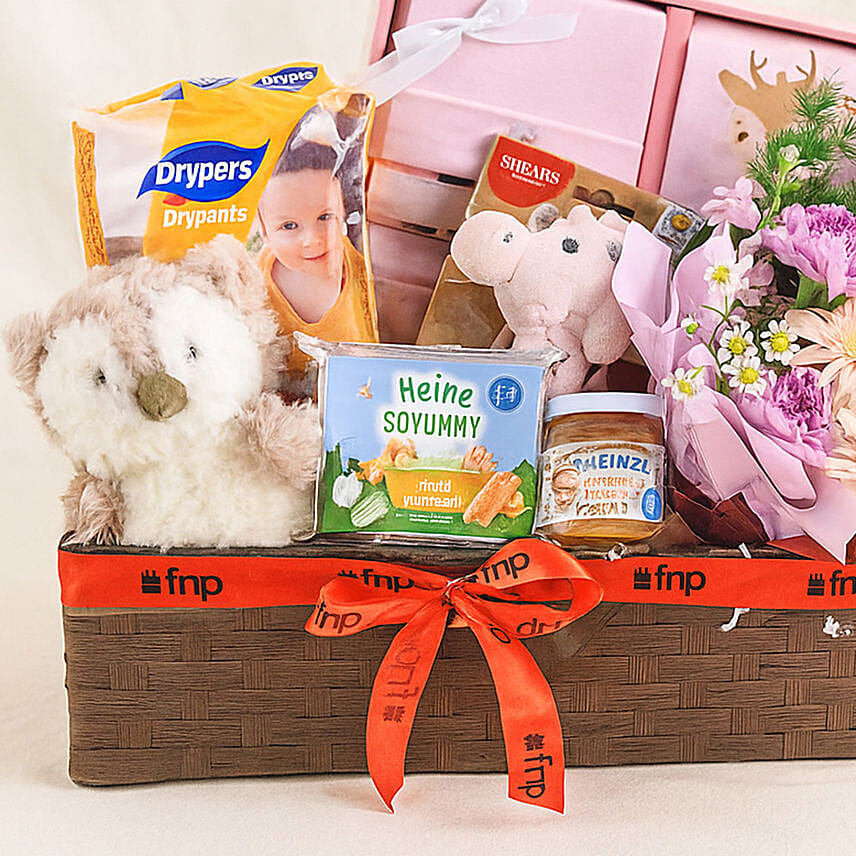 Brown Straw Basket Baby Hamper Delivery in Singapore - FNP SG