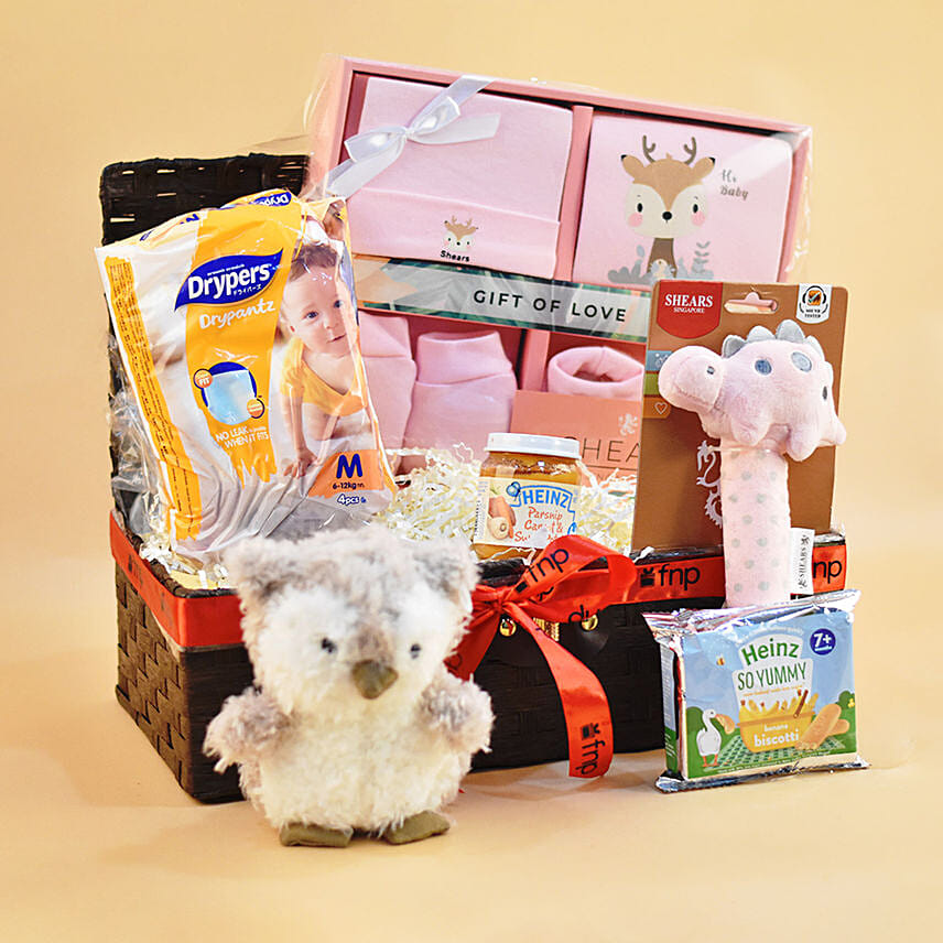 Brown Straw Basket Baby Hamper Delivery in Singapore - FNP SG