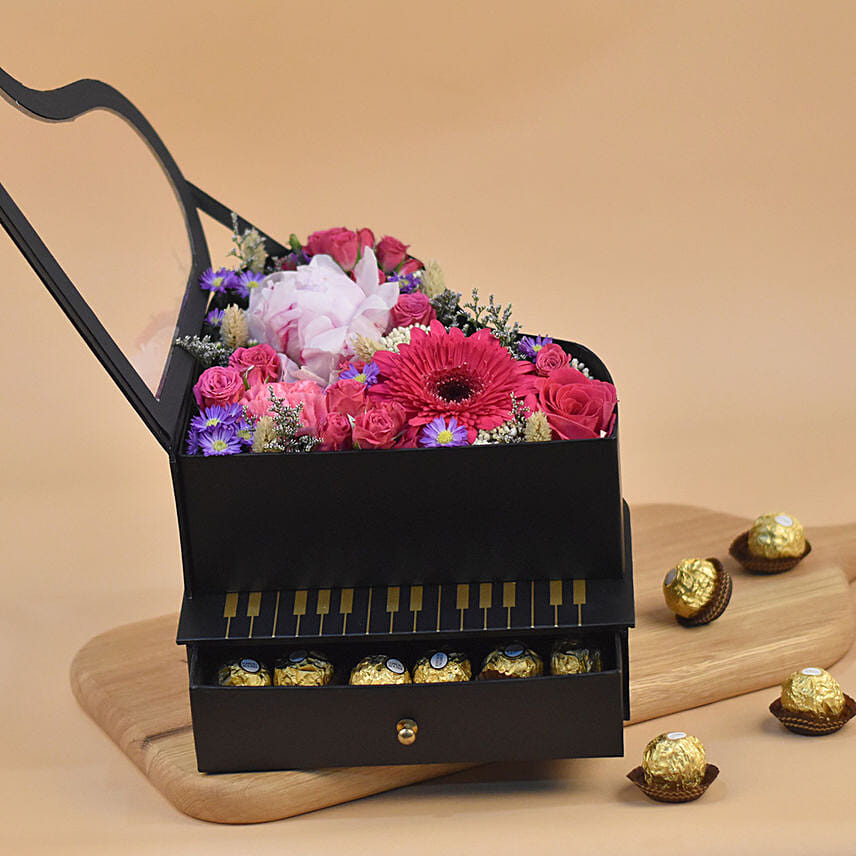 Fresh Blooms N Ferrero Black Piano Box Delivery in Singapore - FNP SG