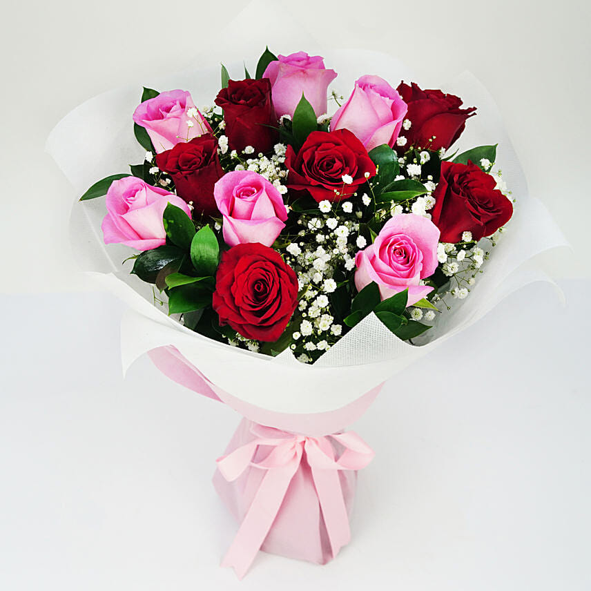 6 Pink & 6 Red Roses Pretty Bouquet with I Love You Balloons Delivery ...