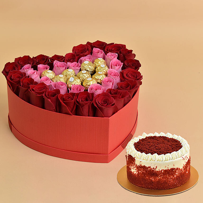 Roses and Chocolate In a Heart Shaped Box With Red Velvet Cake Delivery ...