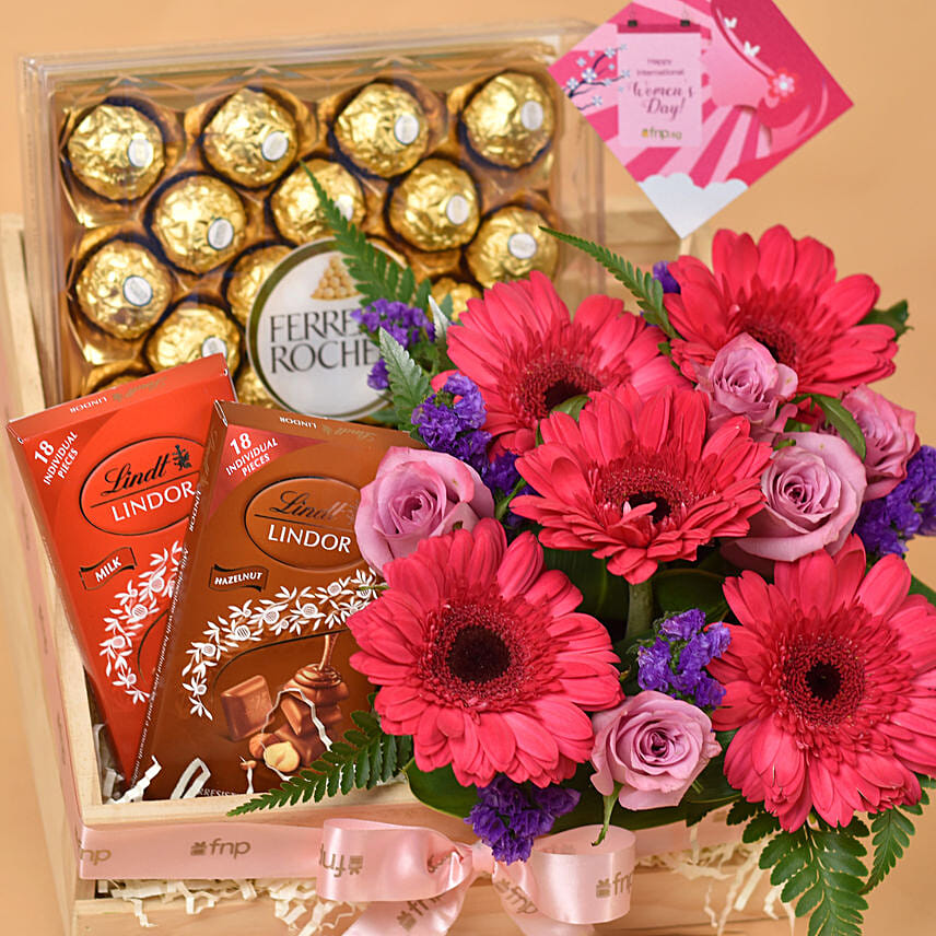 Flowers & Chocolates Wooden Crate Hamper for Women's Day Delivery in ...
