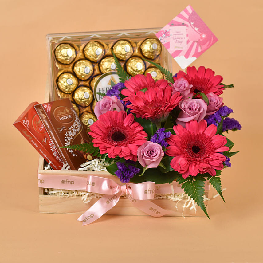 Flowers & Chocolates Wooden Crate Hamper for Women's Day Delivery in ...