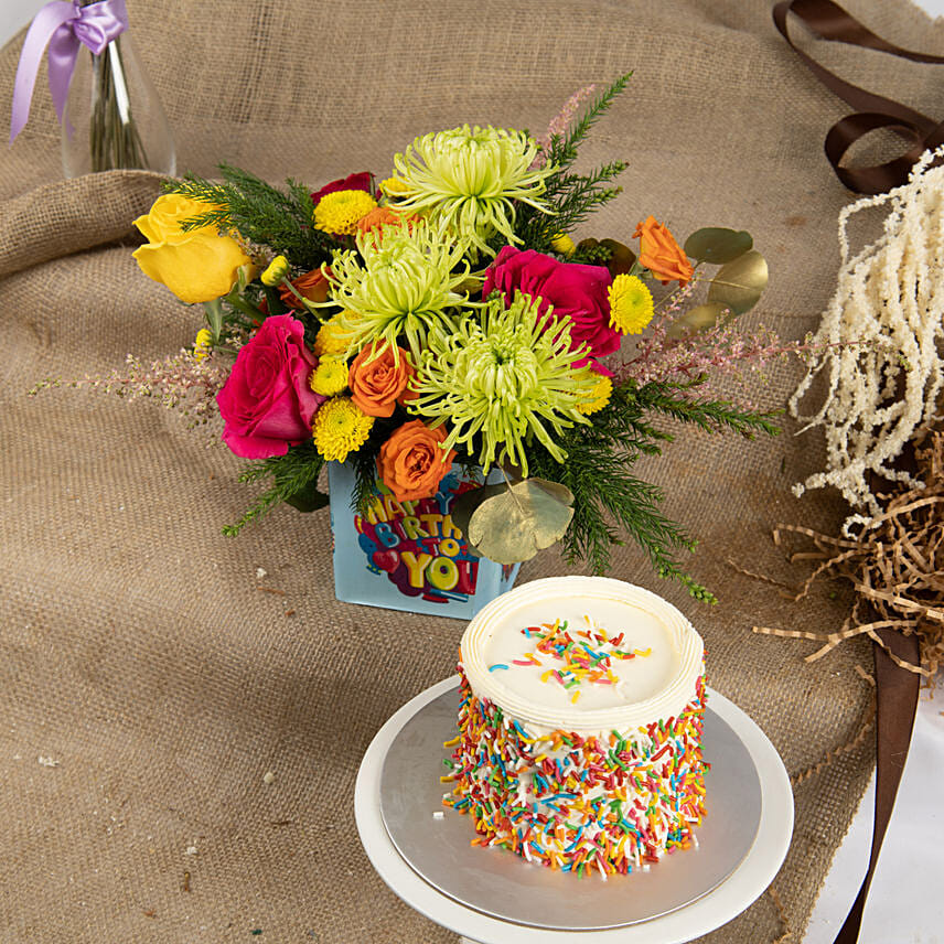 Estatic Birthday Flowers Vase and Cake Bundle Delivery in Singapore ...