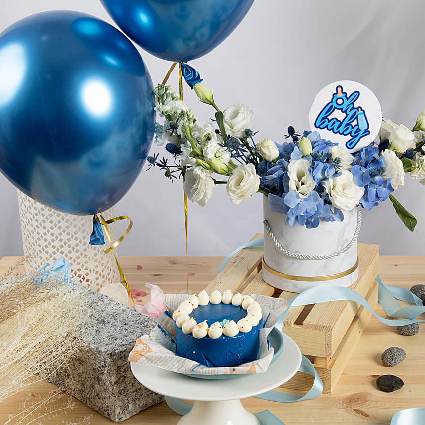 Baby Boy Celebration Flowers Box with Balloons and cake Delivery in ...