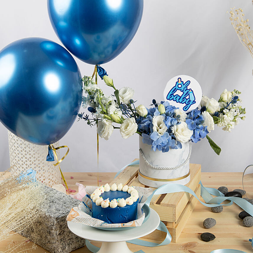 Baby Boy Celebration Flowers Box with Balloons and cake Delivery in ...