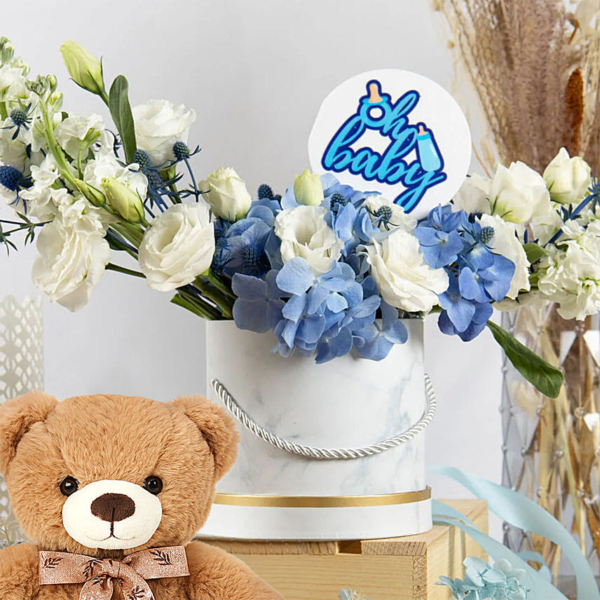 Baby Boy Celebration Flowers Box with Teddy Delivery in Singapore - FNP SG