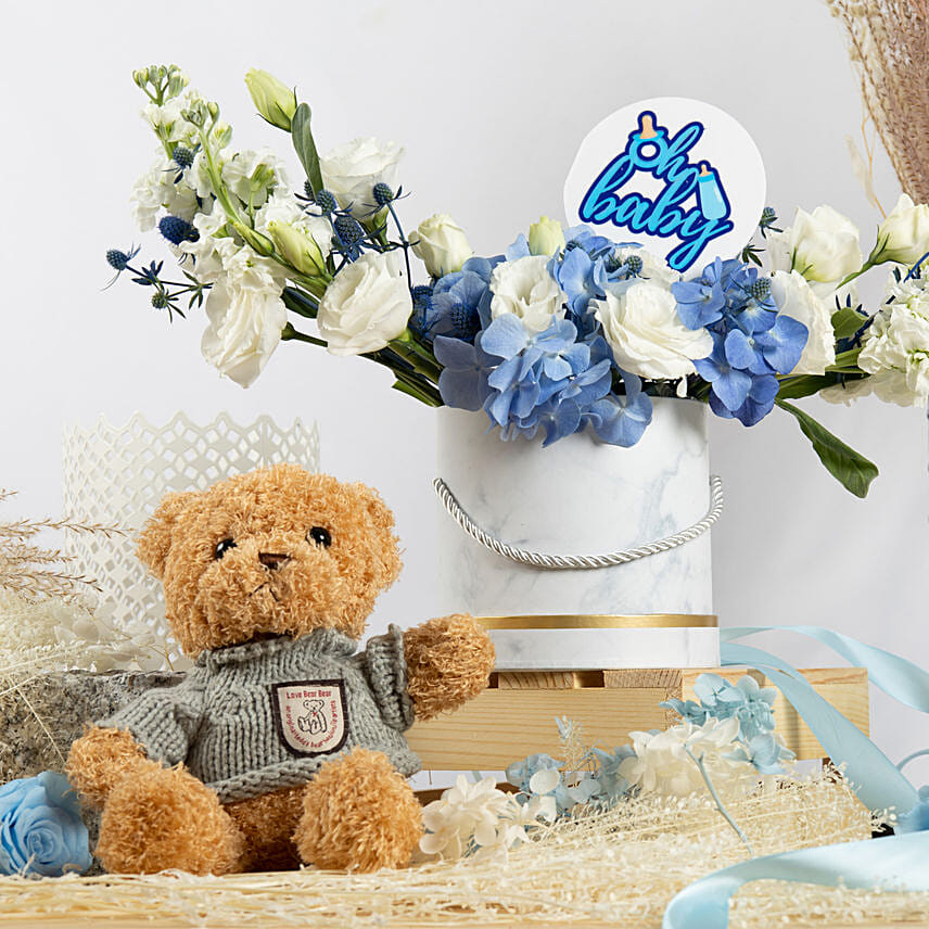Baby Boy Celebration Flowers Box with Teddy Delivery in Singapore - FNP SG
