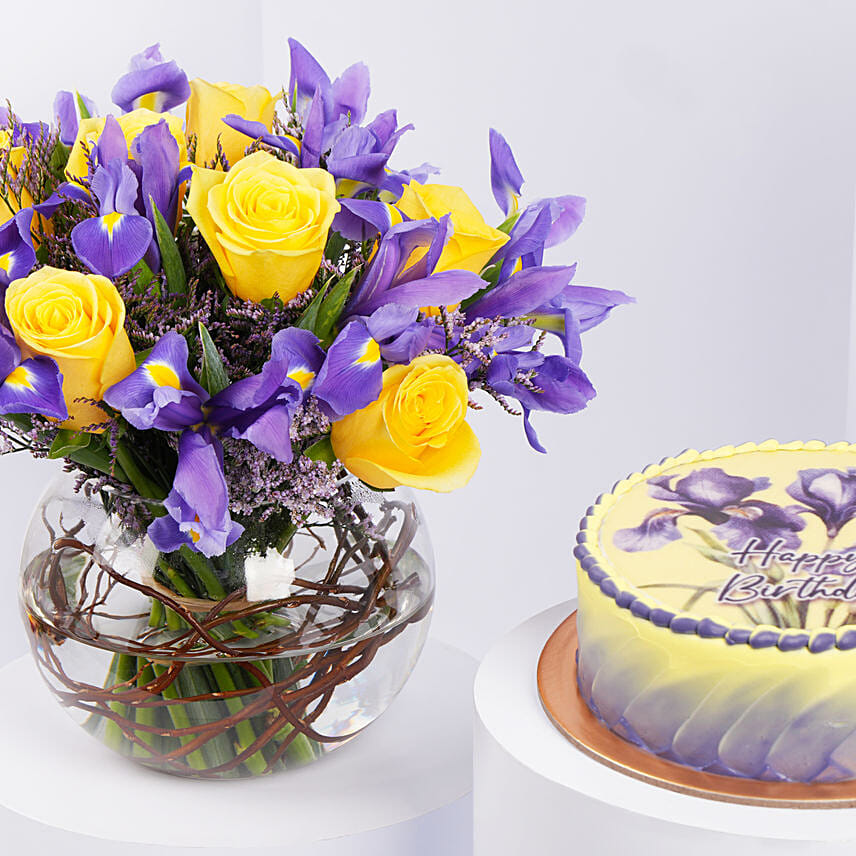 Iris Flower and Birthday Chocolate Cake Delivery in Singapore - FNP SG