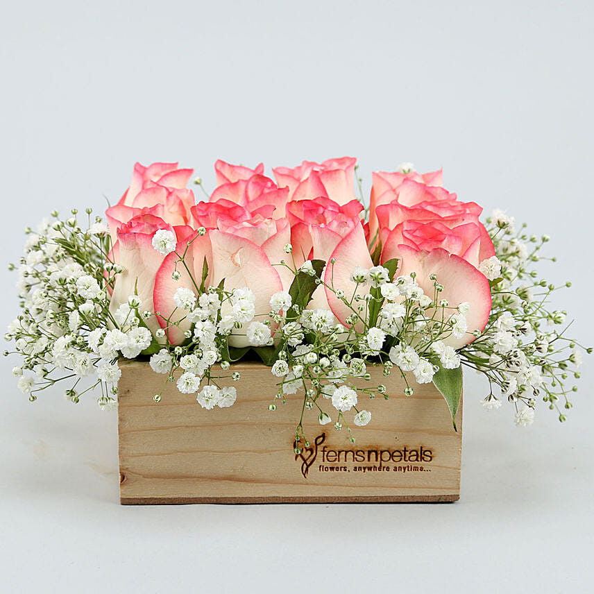 16 Pink Roses Arrangement In Wooden Base Delivery in Singapore - FNP SG