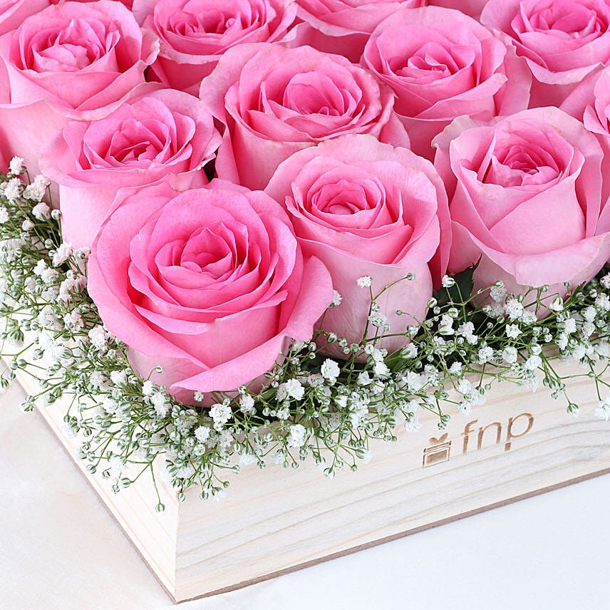 16 Pink Roses Presentation on Wooden Base Delivery in Singapore - FNP SG