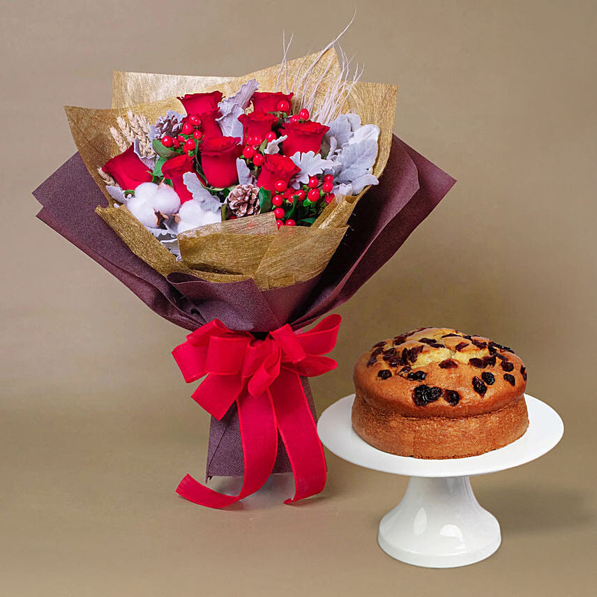 Xmas Red Roses Bouquet with Dry Cake Delivery in Singapore - FNP SG