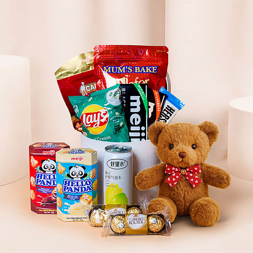 Choco Snack Treat Gift Hamper With Teddy Delivery in Singapore - FNP SG