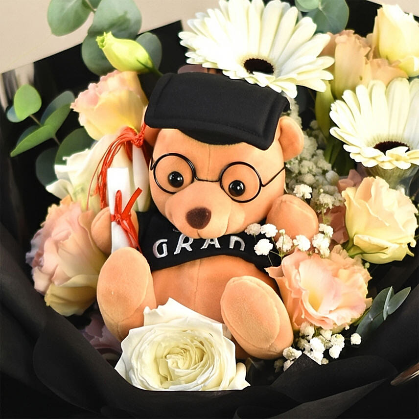 Graduation Hand Bouquet – Elegant Blooms with Plush Teddy Delivery in ...