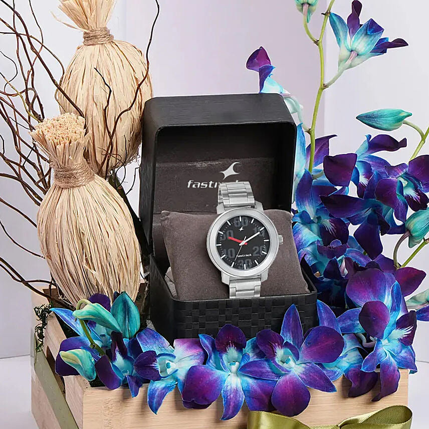 Fastrack Watch Gift Tray for Him with Orchid Delivery in Singapore - FNP SG