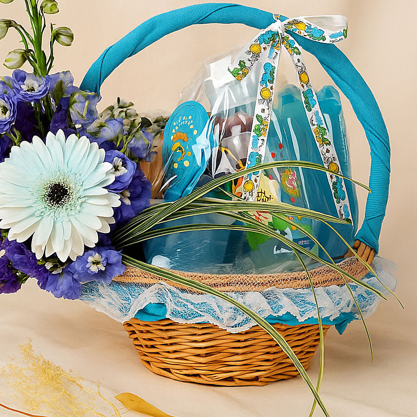 Lucky Baby Feed Essential Blue Basket with Flowers Delivery in ...
