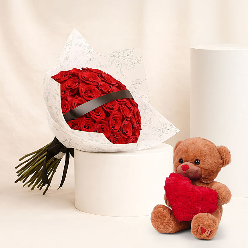 35 Red Roses Expression Bouquet with Teddy Delivery in Singapore - FNP SG
