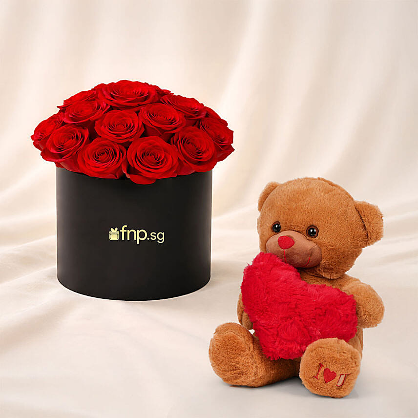 Box of Red Roses n Teddy Bear Delivery in Singapore - FNP SG