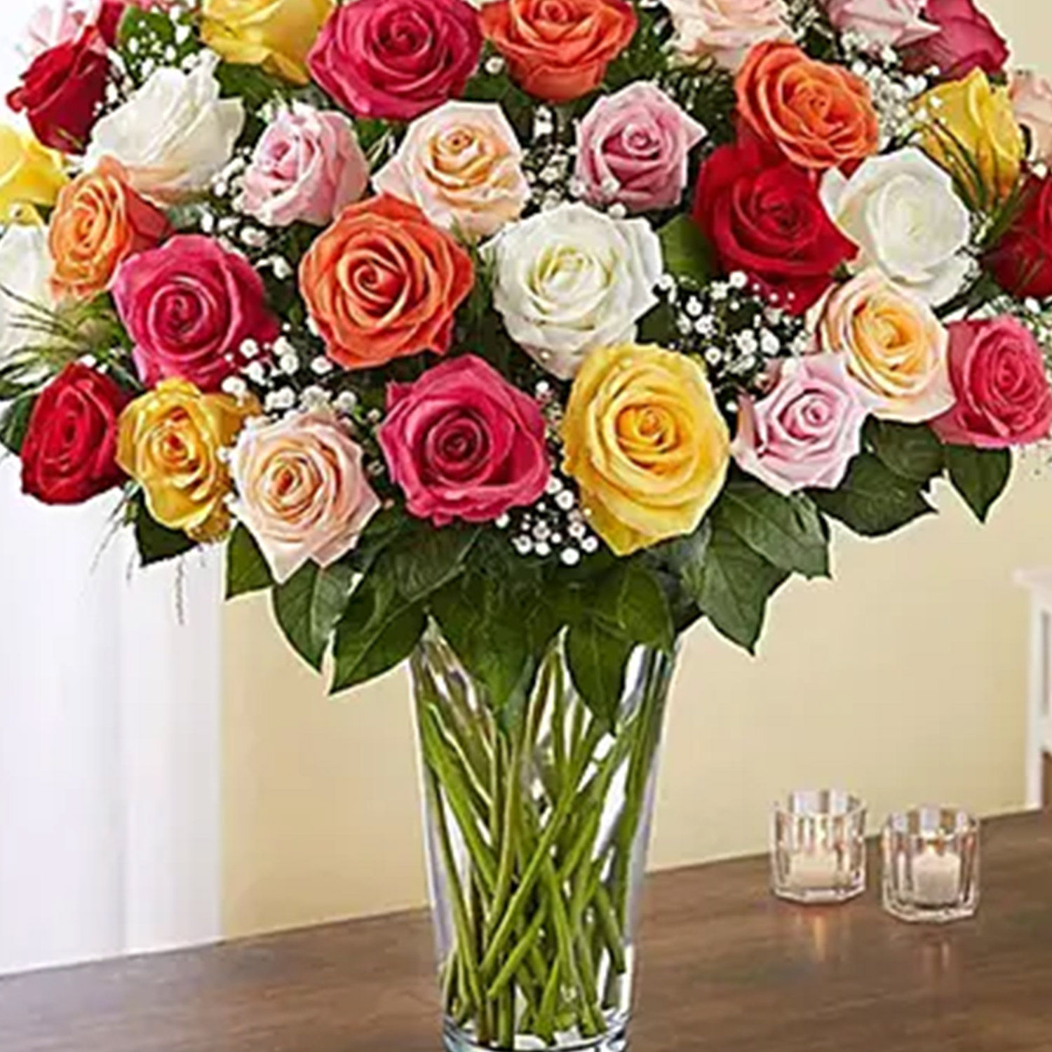Bunch of 50 Assorted Roses In Glass Vase Delivery in Singapore - FNP SG