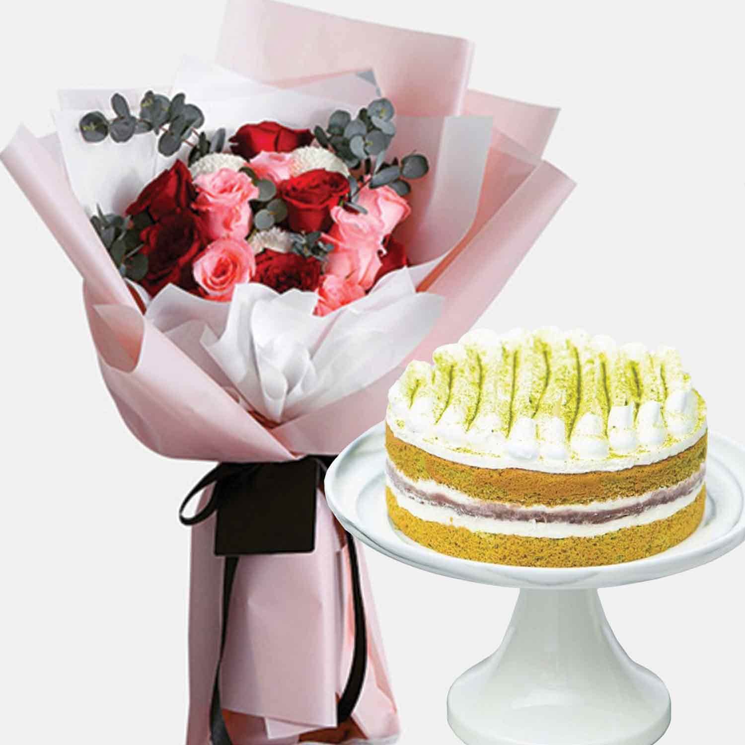 Delightful Roses & Matcha Red Bean Cake Delivery in Singapore - FNP SG