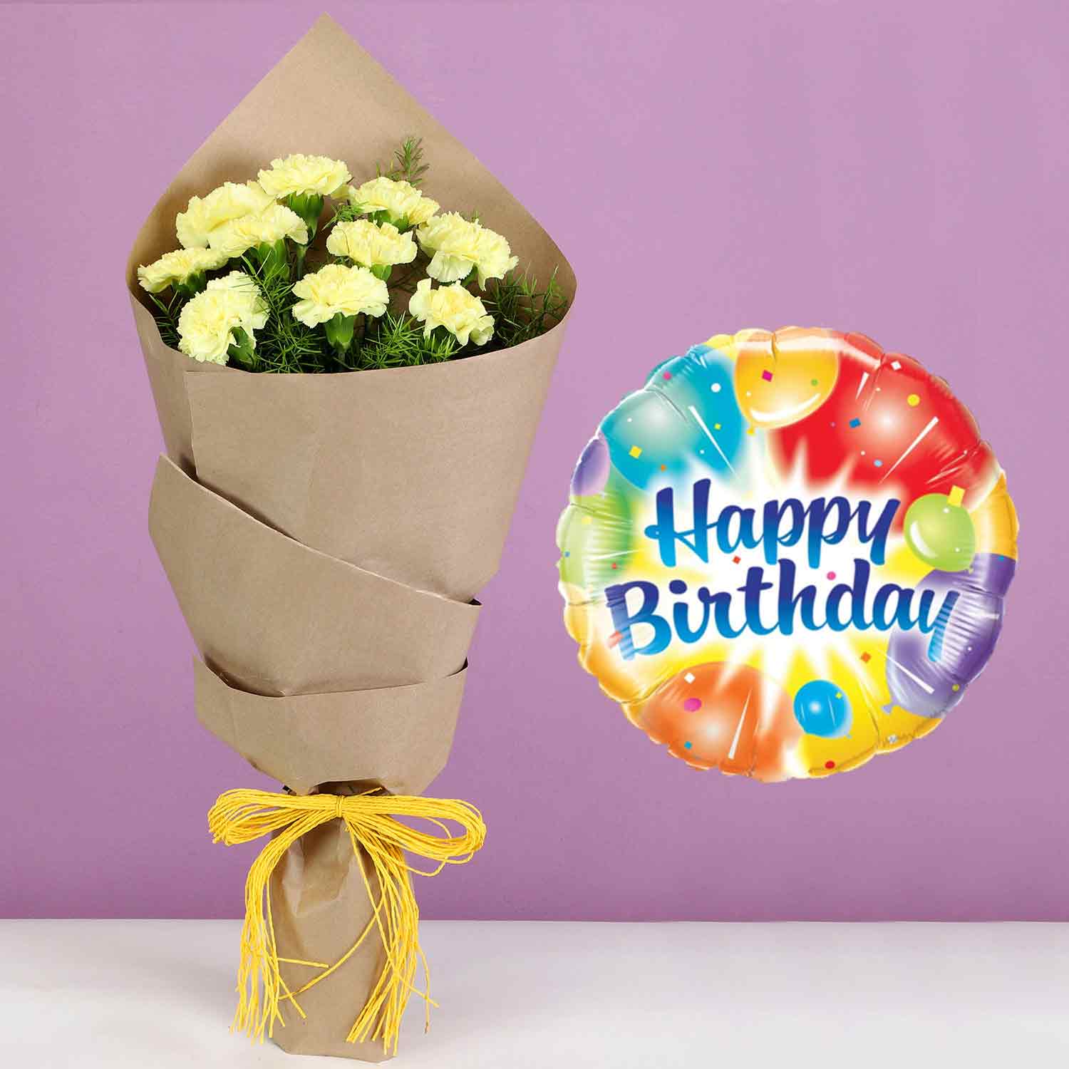 10 Sunrise Carnations Bouquet with Happy Birthday Balloon Delivery in ...
