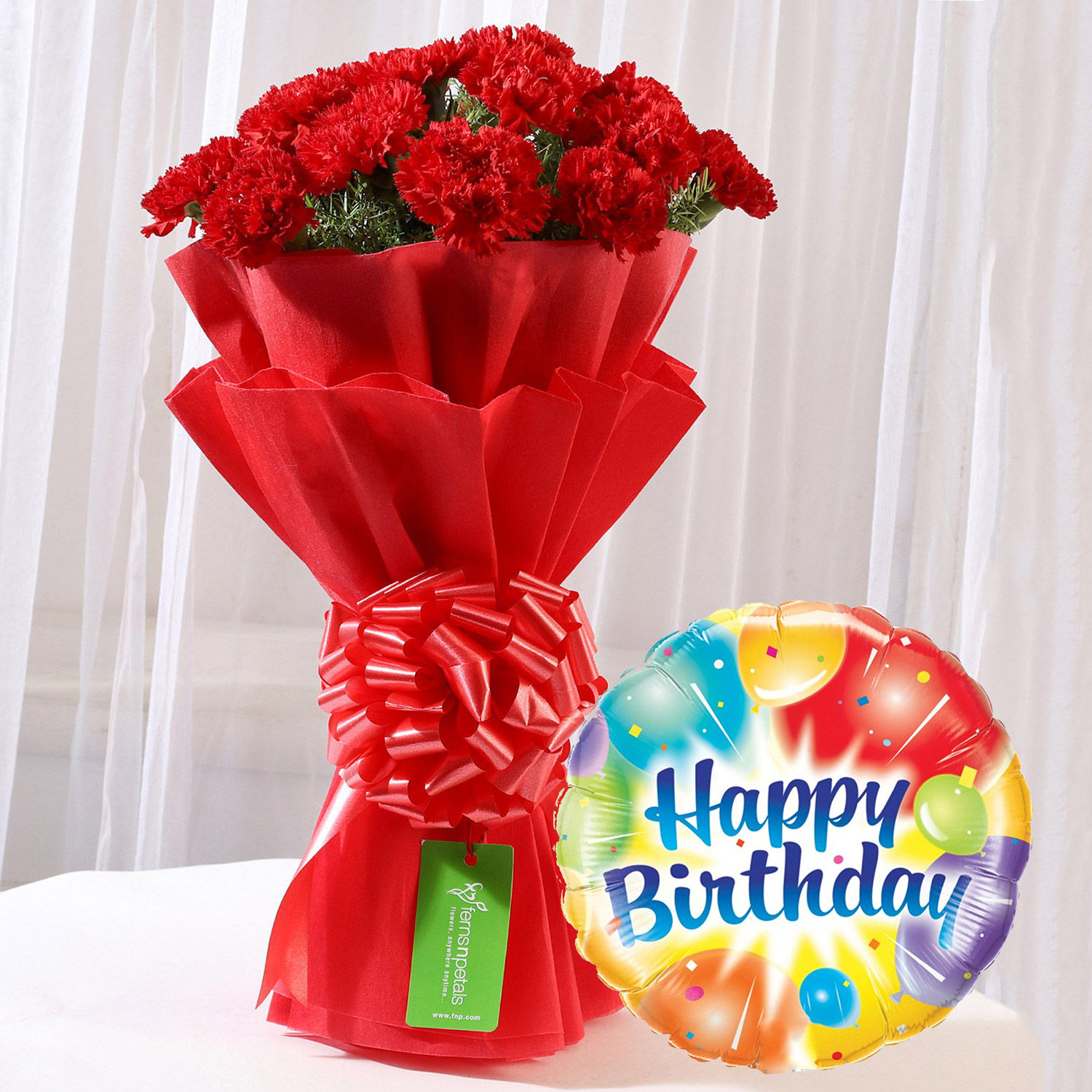 12 Red Carnations Bouquet Medium with Happy Birthday Balloon Delivery ...