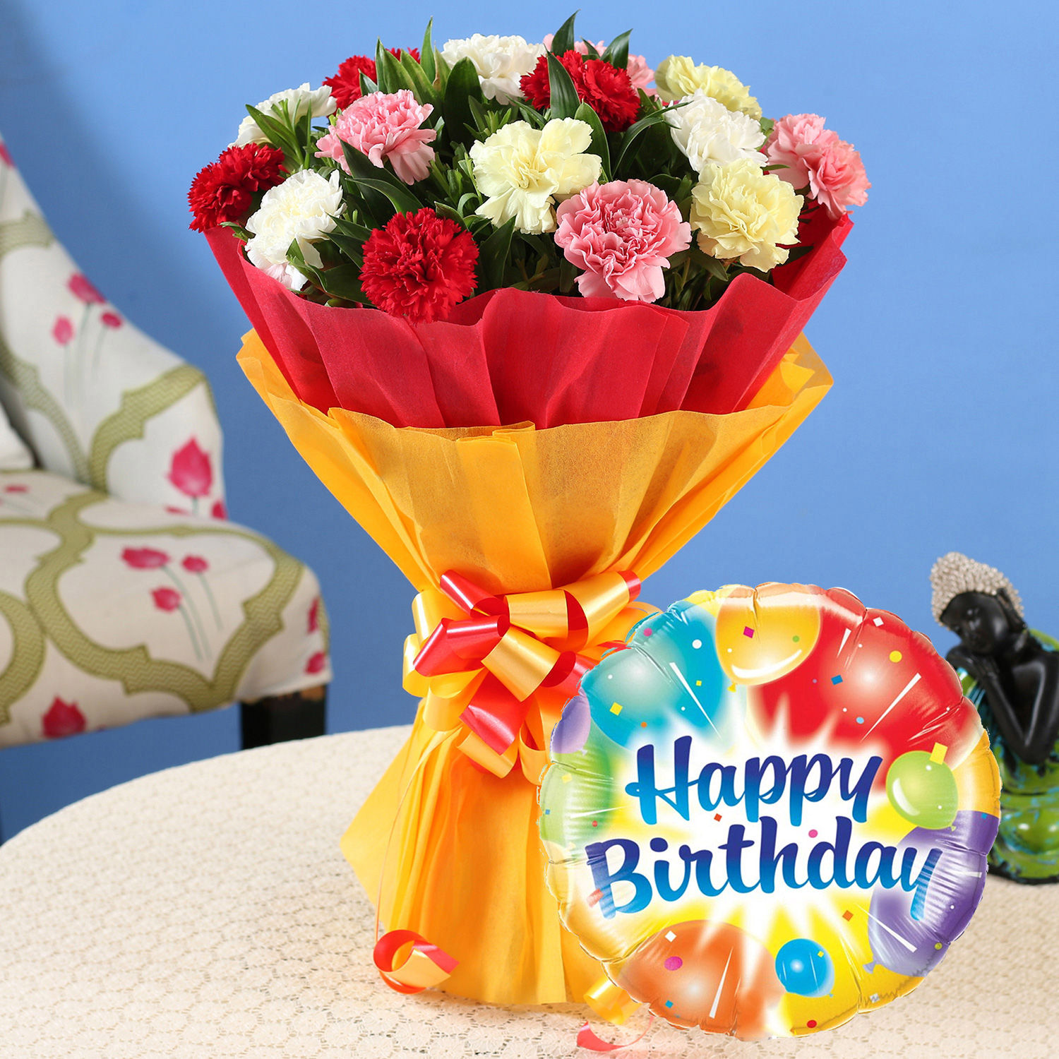 15 Mixed Carnations Bouquet Medium with Happy Birthday Balloon Delivery ...