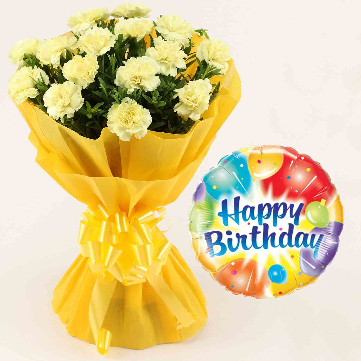 15 Yellow Carnations Bouquet Medium with Happy Birthday Balloon ...