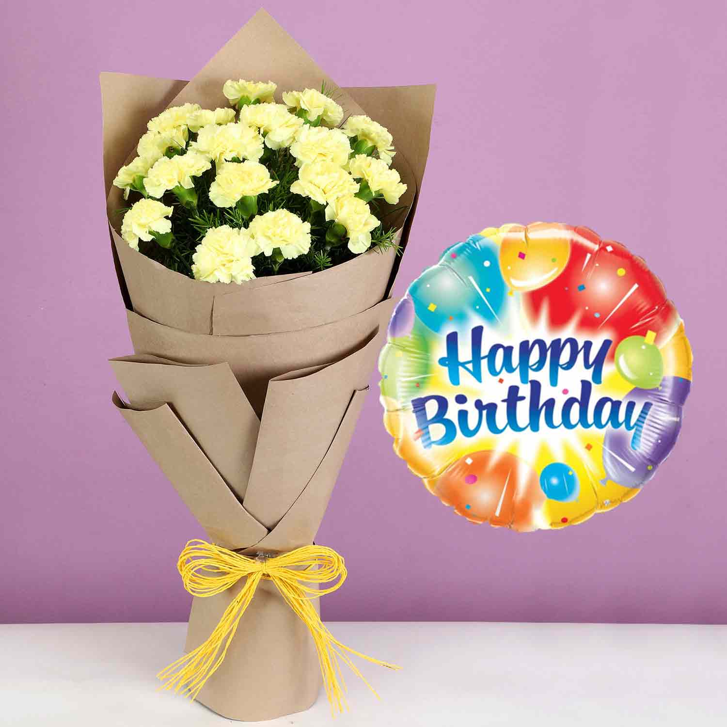 18 Sunrise Carnations Bouquet with Happy Birthday Balloon Delivery in ...