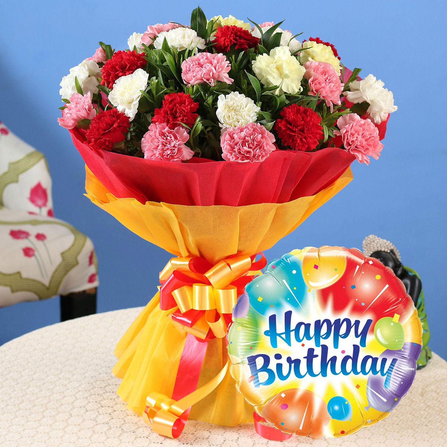 25 Mixed Carnations Bouquet Large with Happy Birthday Balloon Delivery ...