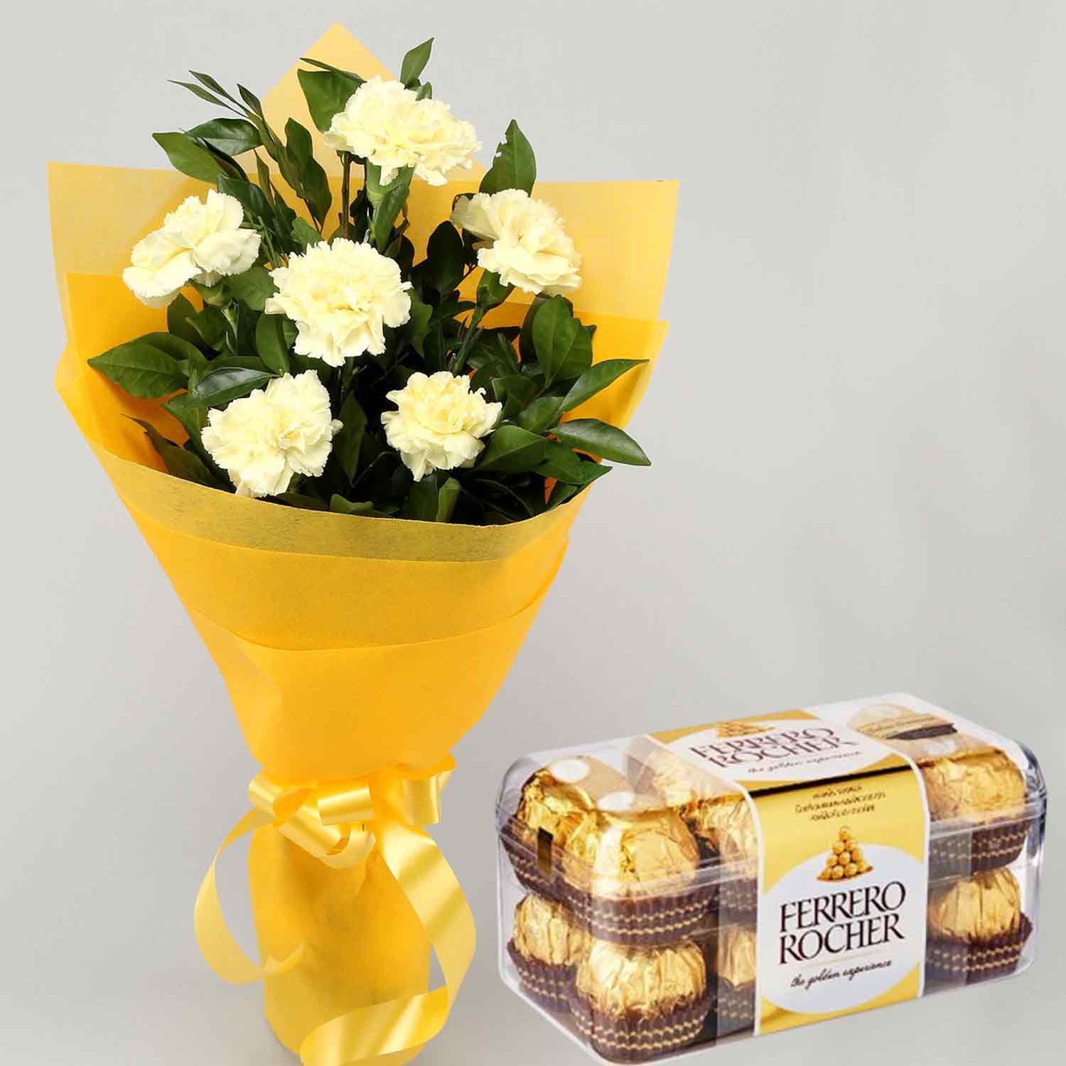 Sunny Side Up 6 Yellow Carnations Bunch with Ferrero Rocher Delivery in ...