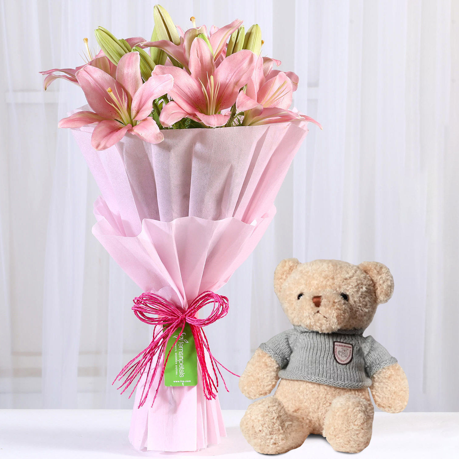 Admirable Asiatic Pink Lilies Bunch with Teddy Bear Delivery in ...