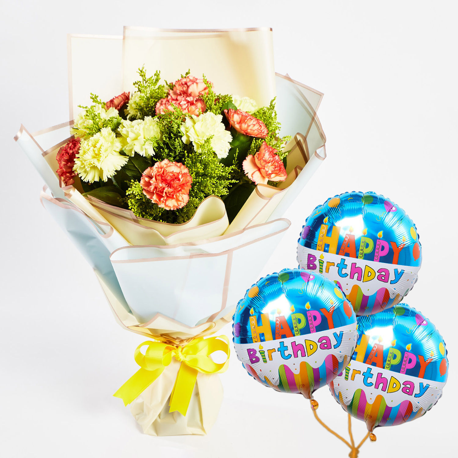 Serene Mixed Carnations Bouquet With Birthday Balloons Delivery in ...
