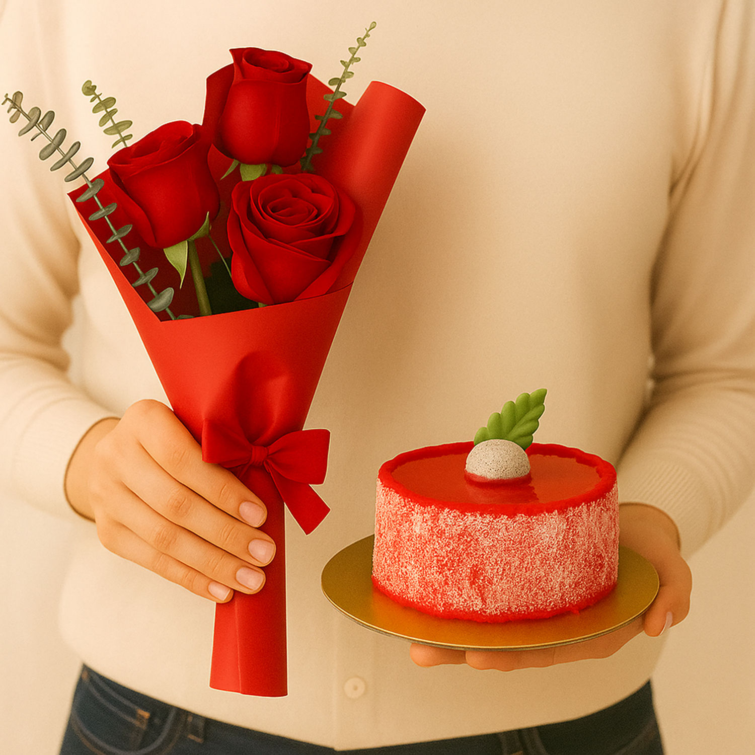 Red Rose Bouquet With Mini Mousse Cake Delivery in Singapore - FNP SG