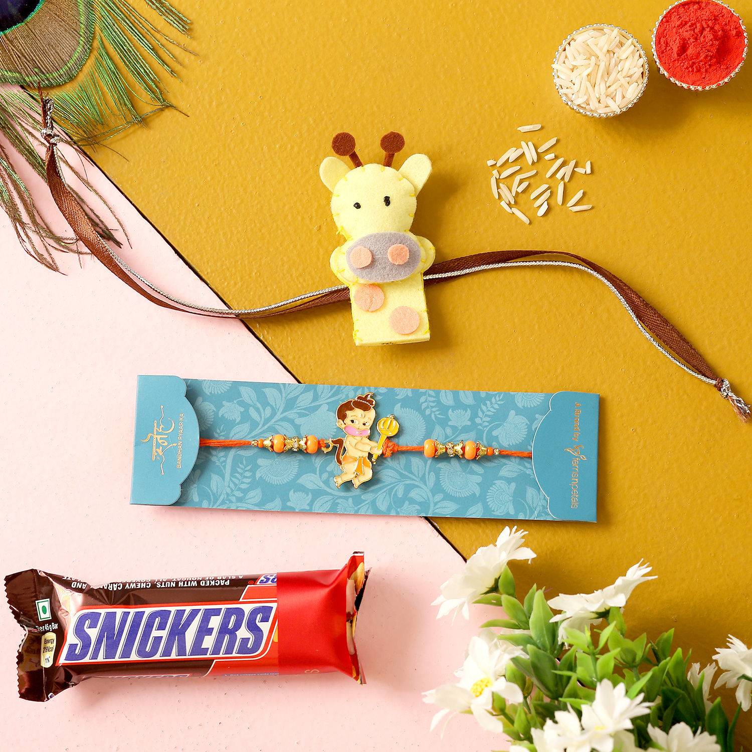 Set Of 2 Cute kids Rakhis & Snickers Chocolate Combo Delivery in ...